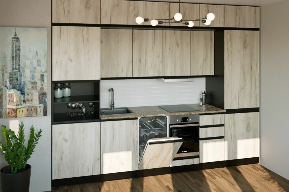 Кухонный гарнитур Равенна люкс 3000, Цвет Дуб браун, ширина 300 см, с навесными шкафами, с выдвижными ящиками, с полками, с тумбой под мойку