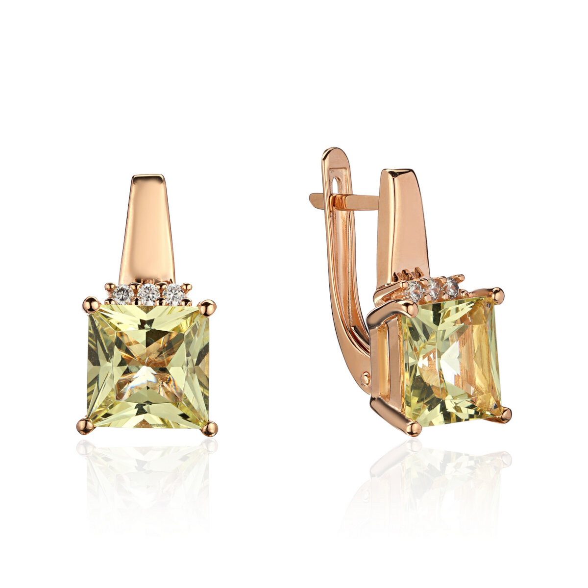 Серьги, красное золото, 585 проба, хризолит, фианит