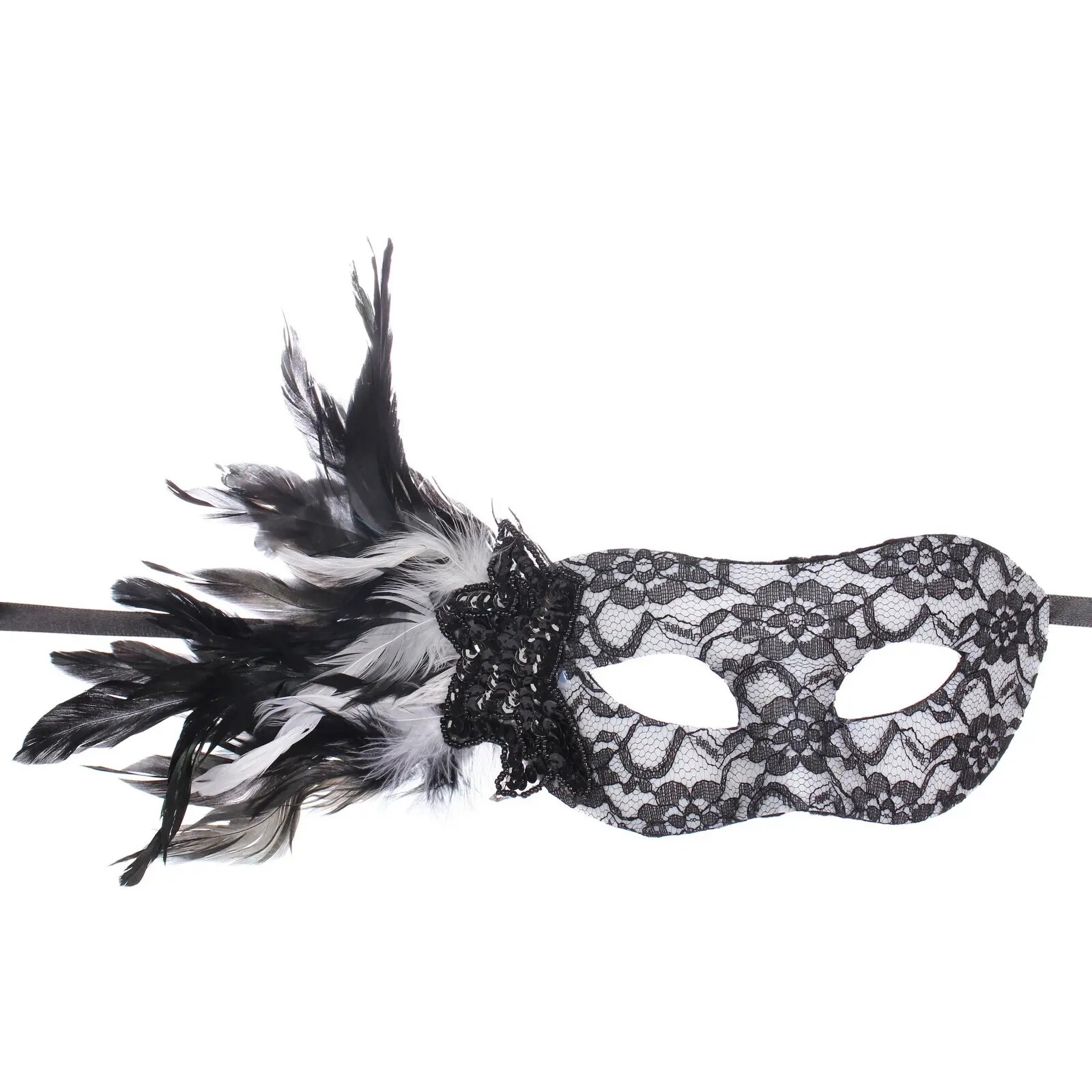 Маска карнавальная «Загадка ночи», черный, кружевная, с перьями, для праздников