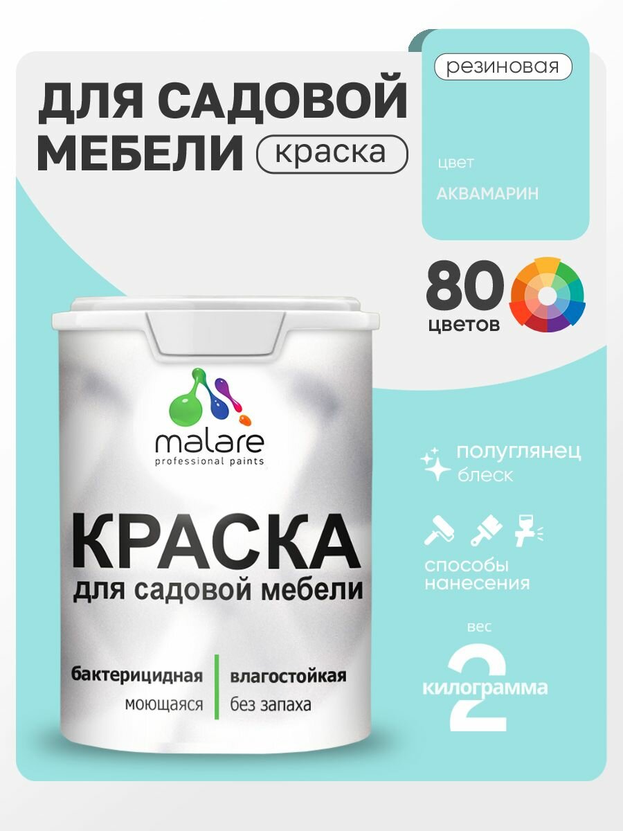 Резиновая краска Malare для садовой мебели/ по дереву, для наружных и внутренних работ/ быстросохнущая моющаяся без запаха полуглянцевая, аквамарин, 2 кг