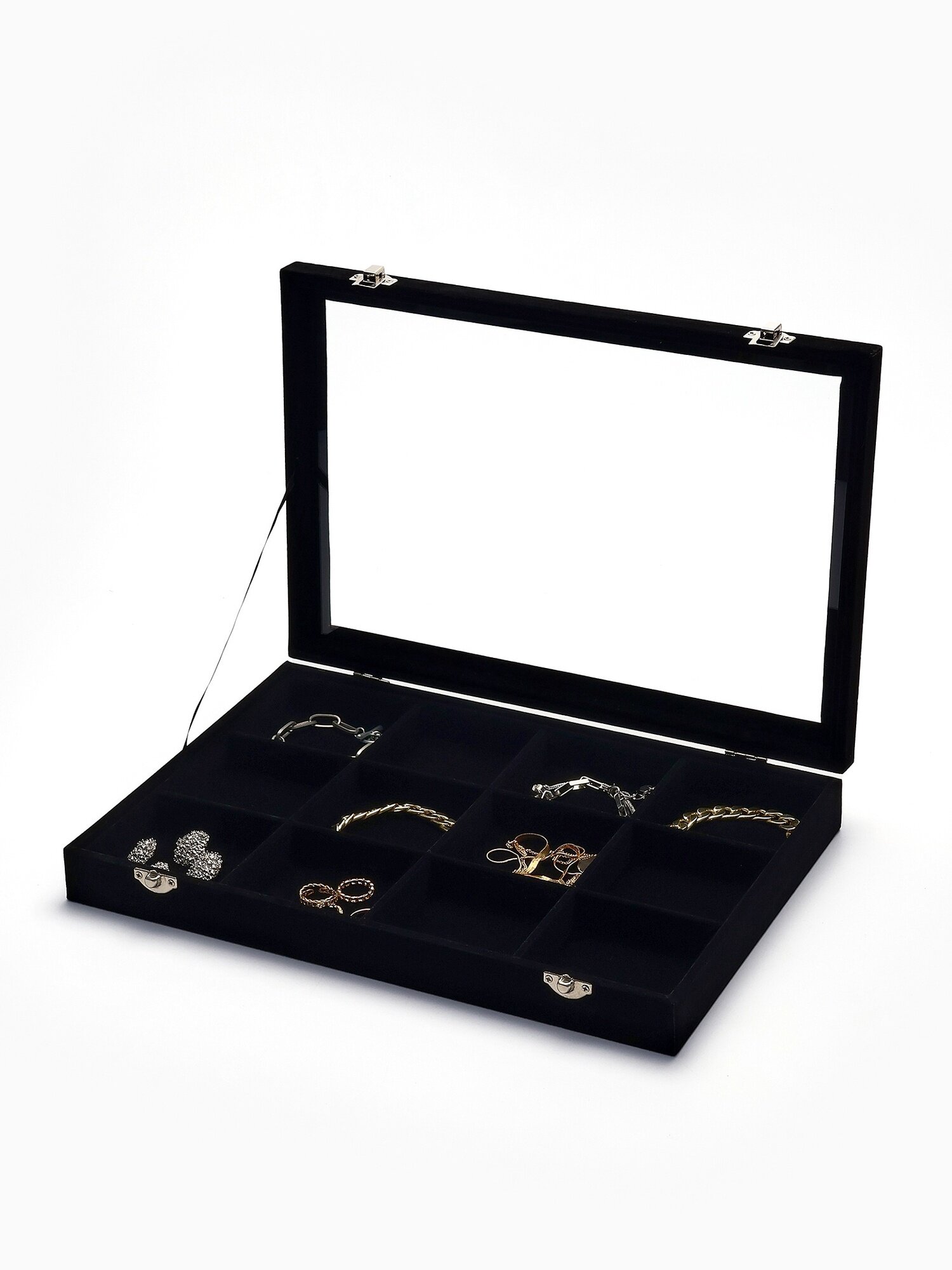 Подставка для украшений «Шкатулка» 12 ячеек, стеклянная крышка, 35×24×4.5 см, цвет чёрный