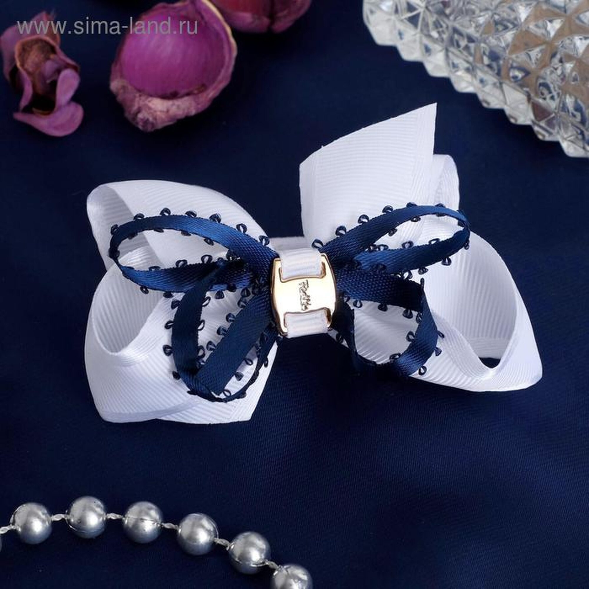 Резинка для волос «Школьница», бант штрихи, 8 см, бело-синяя