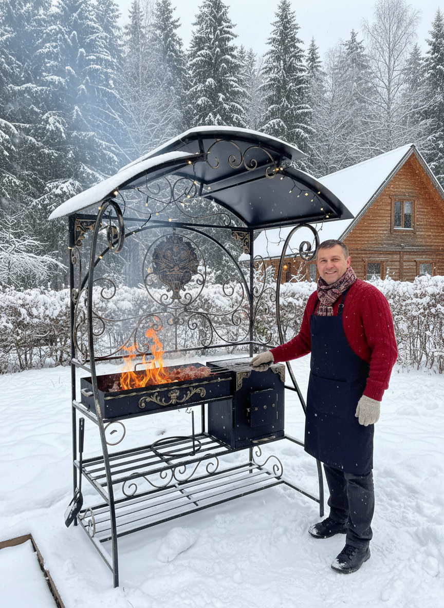 Мангал с крышей и печкой под казан стационарный для дачи мангальная зона с печью и полками металлическая кухня