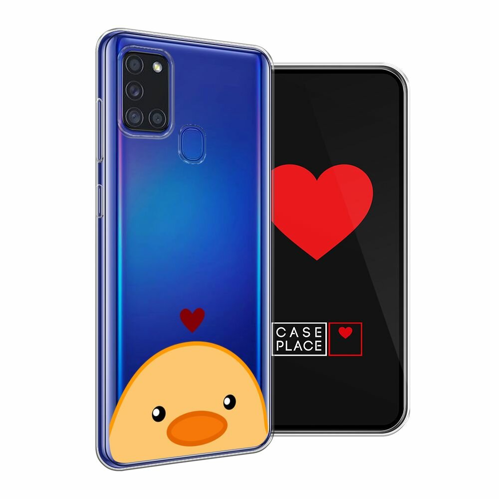 Чехол на Samsung Galaxy A21s / Самсунг Галакси A21s с принтом "Влюблённая уточка - 14 февраля", прозрачный — фото 1