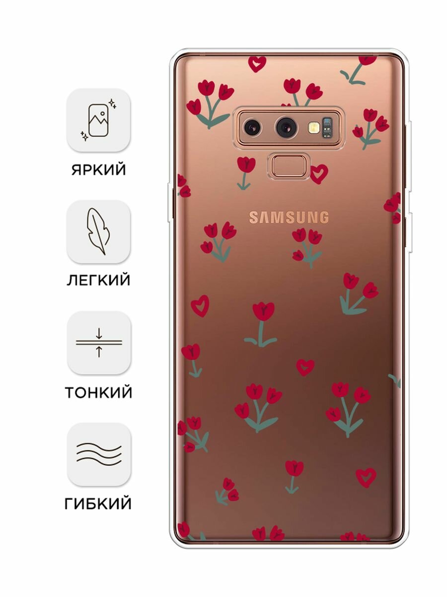 Чехол на Samsung Galaxy Note 9 / Самсунг Галакси Нот 9 с принтом "Красные тюльпанчики", прозрачный — фото 1