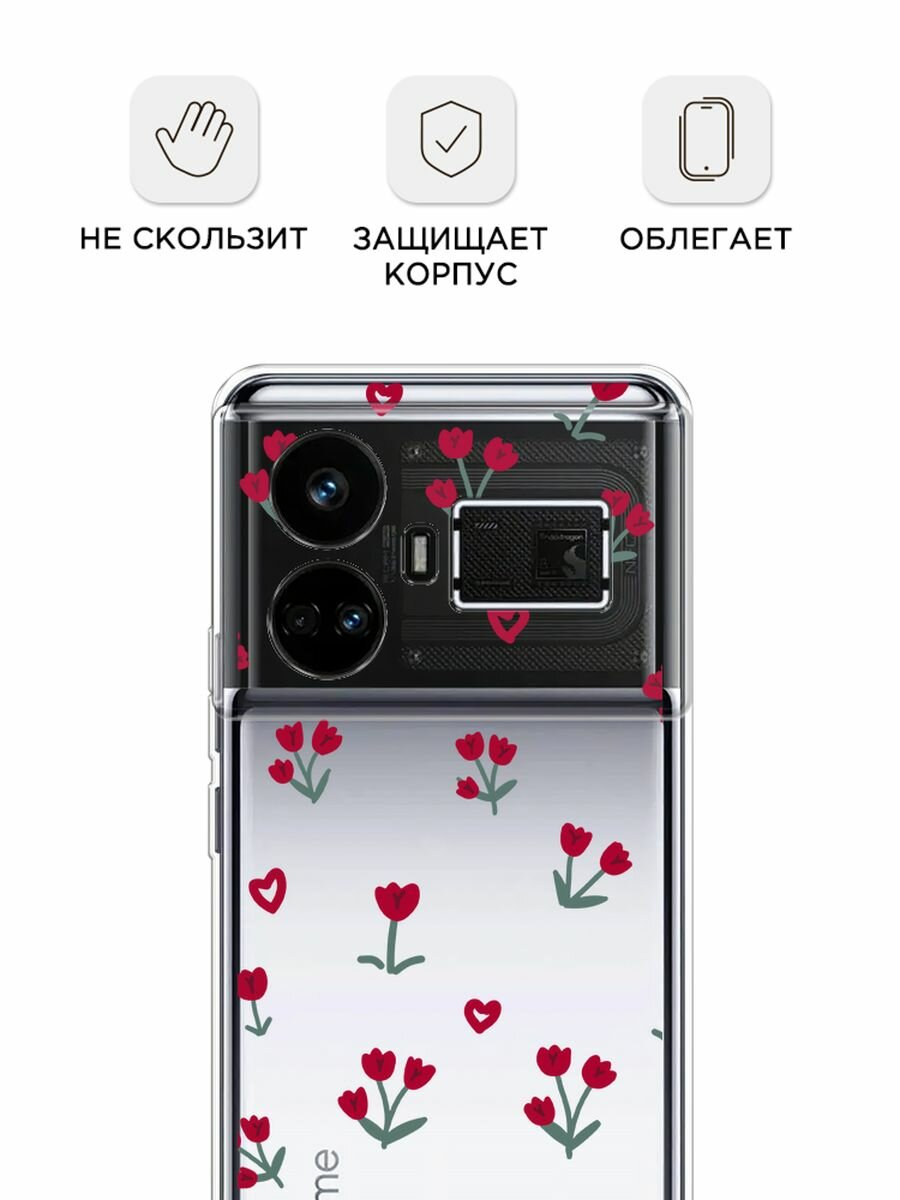 Чехол на Realme GT5 / Реалми GT5 с принтом "Красные тюльпанчики", прозрачный — фото 1