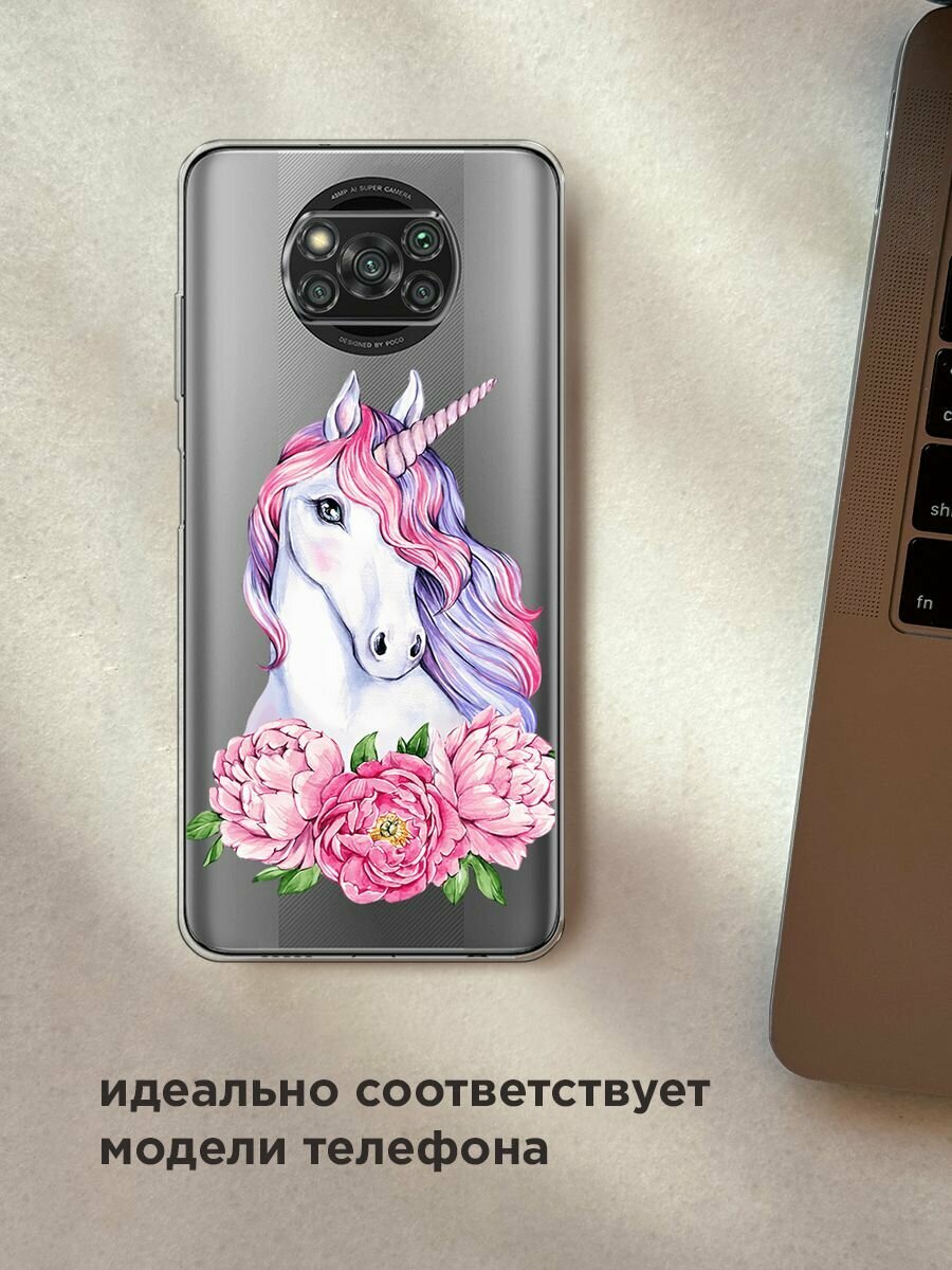 Чехол на Xiaomi Poco X3/X3 Pro / Поко X3/X3 Pro с принтом "Единорог с пионами", прозрачный — фото 1
