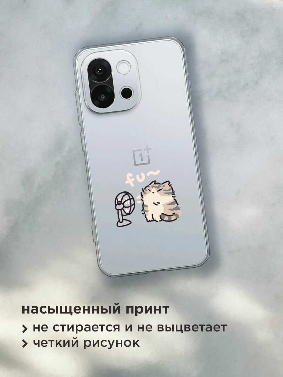 Чехол на OnePlus 13T / Ван Плас 13Т с принтом "Котик с вентилятором", прозрачный — фото 1