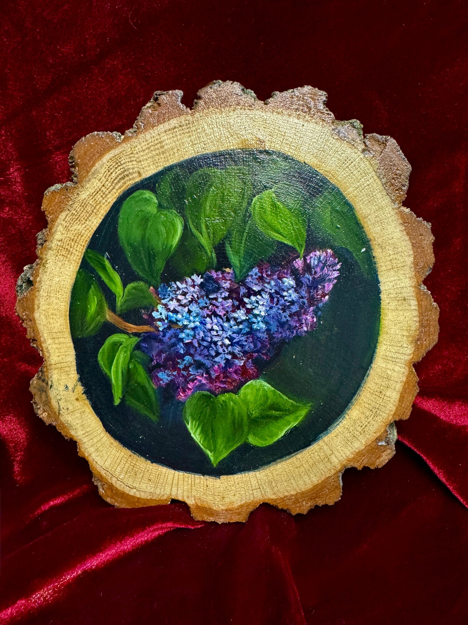 Картина на срезе дерева "Сирень" Ручная роспись. Масло. Художница Ольга Ефимова Высота 21 см