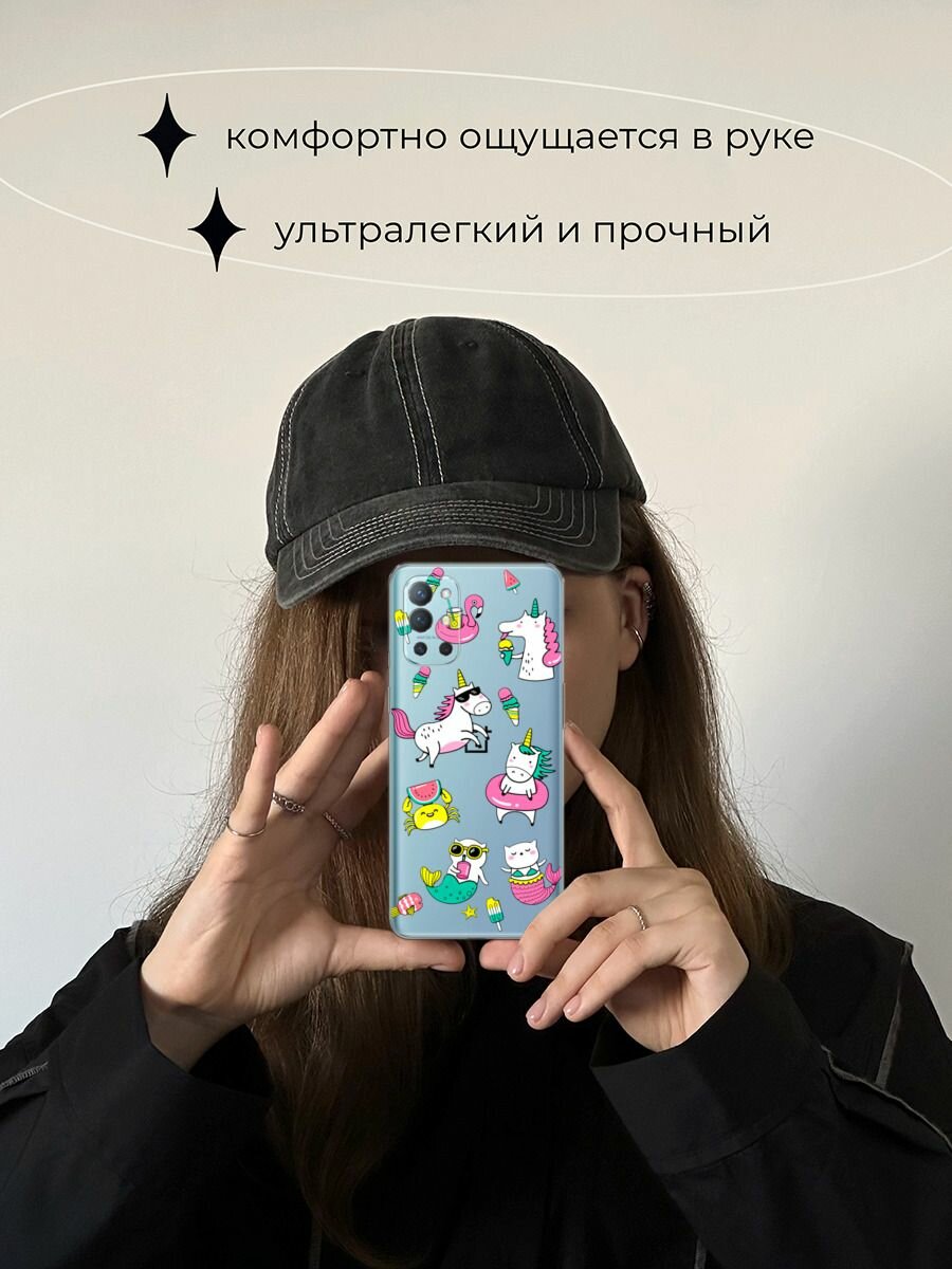 Чехол на OnePlus 9R / ВанПлас 9R с принтом "Единороги в отпуске", прозрачный — фото 1