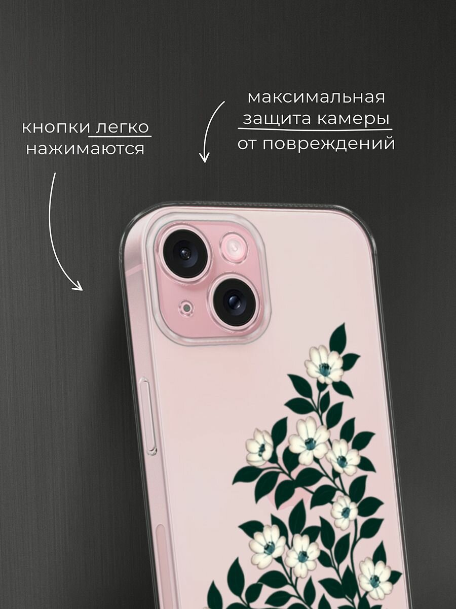 Чехол на Apple iPhone 15 / Айфон 15 с принтом "Цветы с черными листьями" — фото 1