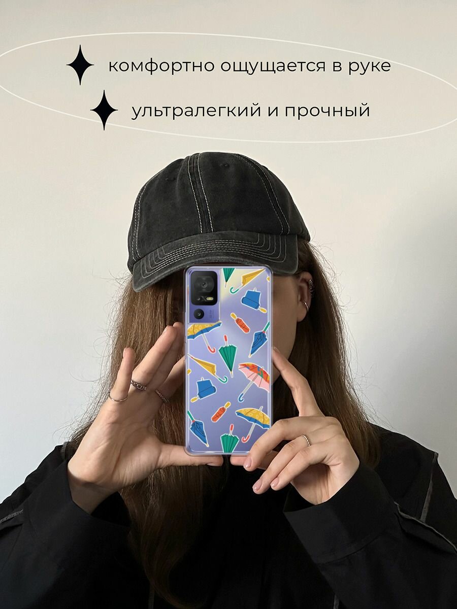 Чехол на TCL 40 SE / ТСЛ 40 SE с принтом "Зонты паттерн", прозрачный — фото 1