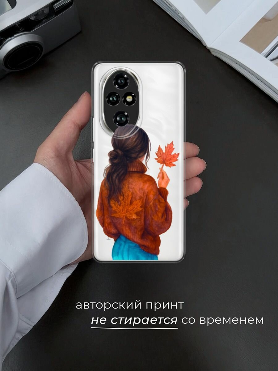 Чехол на Honor 200 Pro / Хонор 200 Про с принтом "Девушка с опавшим листом", прозрачный — фото 1
