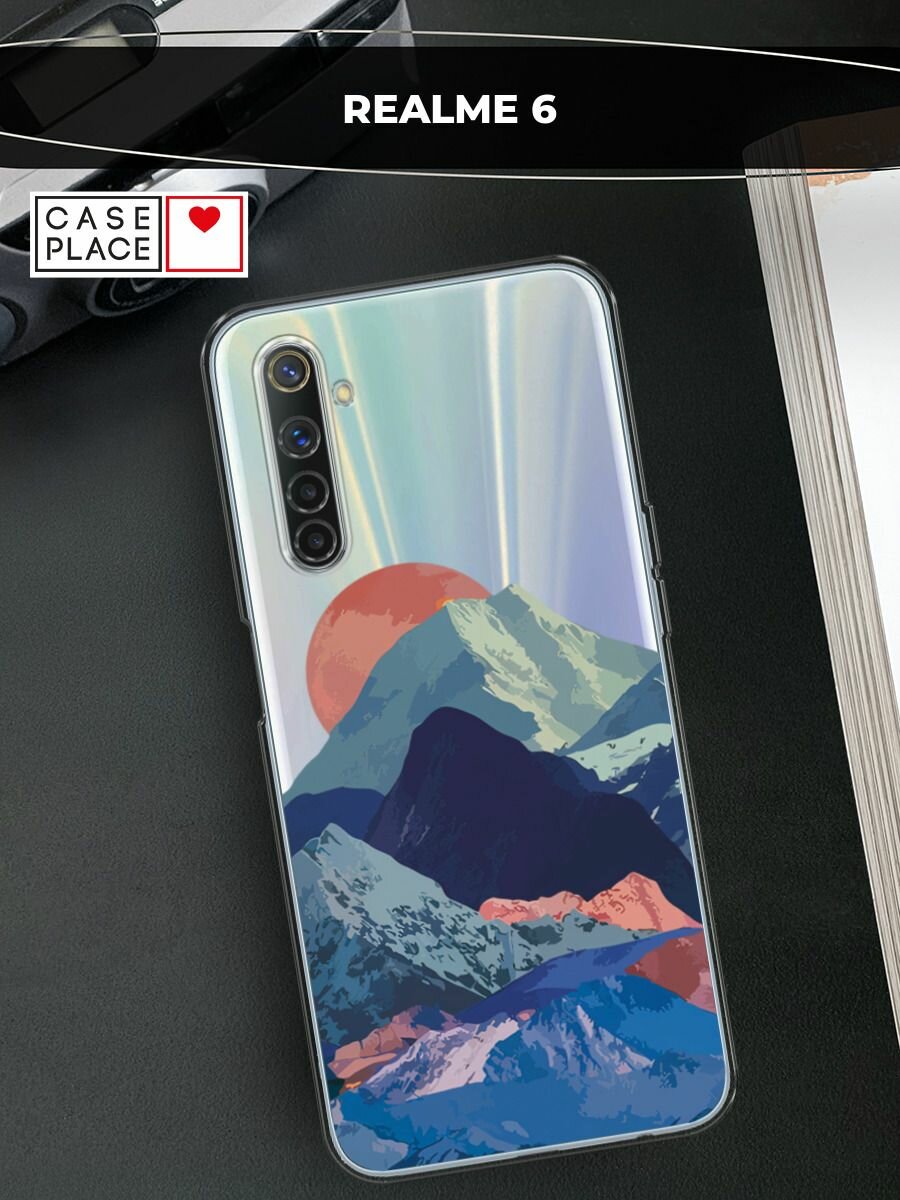 Чехол на Realme 6 / Реалми 6 с принтом "Закат в снежных горах", прозрачный