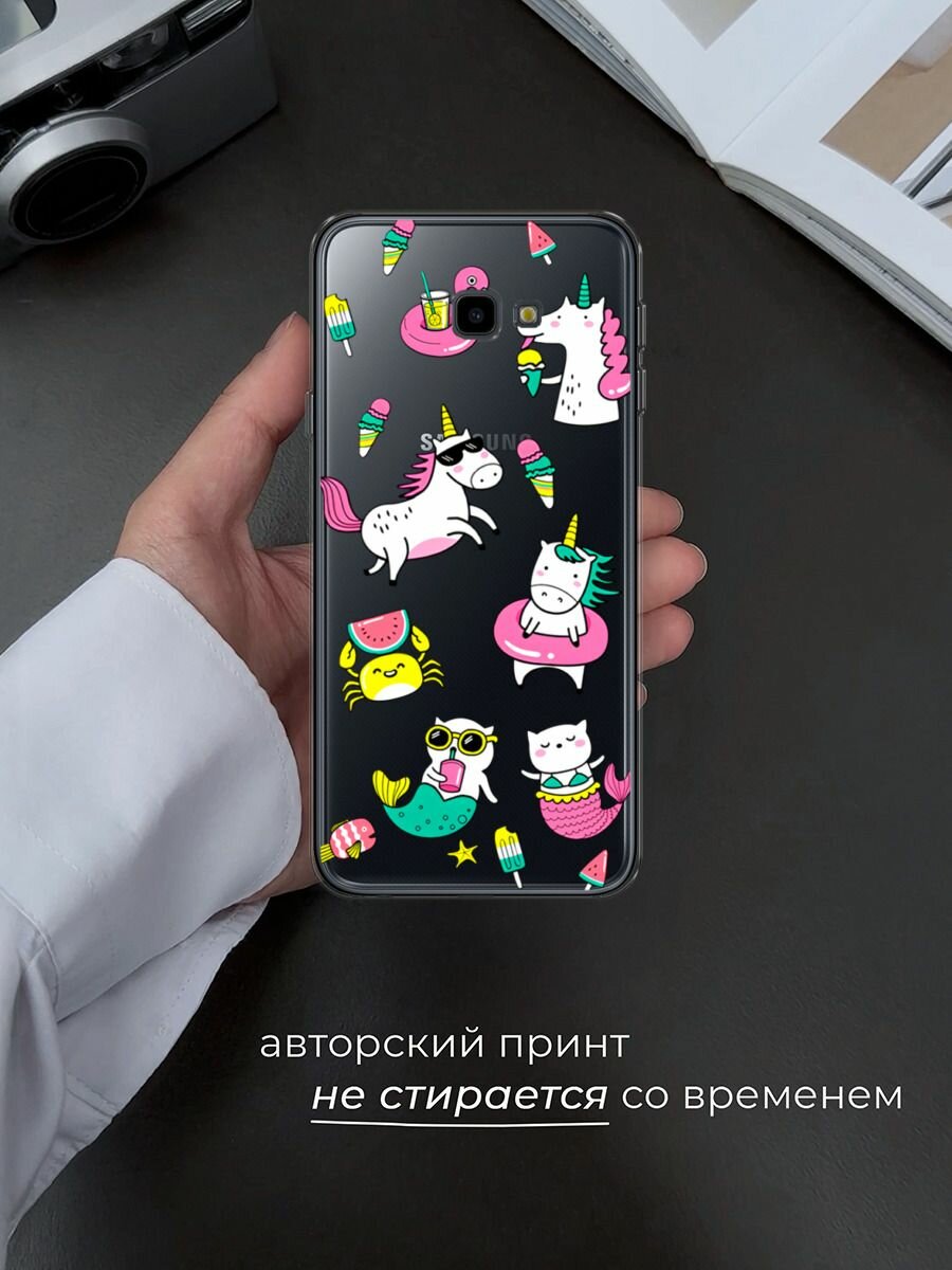 Чехол на Samsung Galaxy J4 Plus 2018 / Самсунг J4 Plus 2018 с принтом "Единороги в отпуске", прозрачный — фото 1