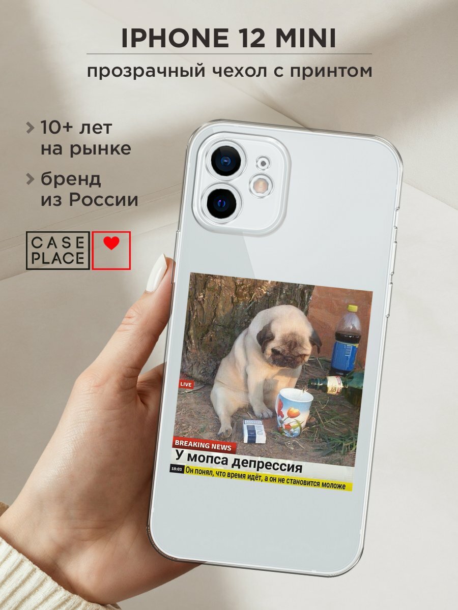 Чехол на Apple iPhone 12 mini / Айфон 12 Мини с принтом "Мопс в депрессии", прозрачный