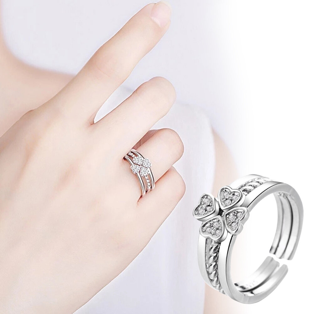 Женское кольцо с сердцем, четыре листа клевера, открытое кольцо с камнями, кольцо удачи для подарка