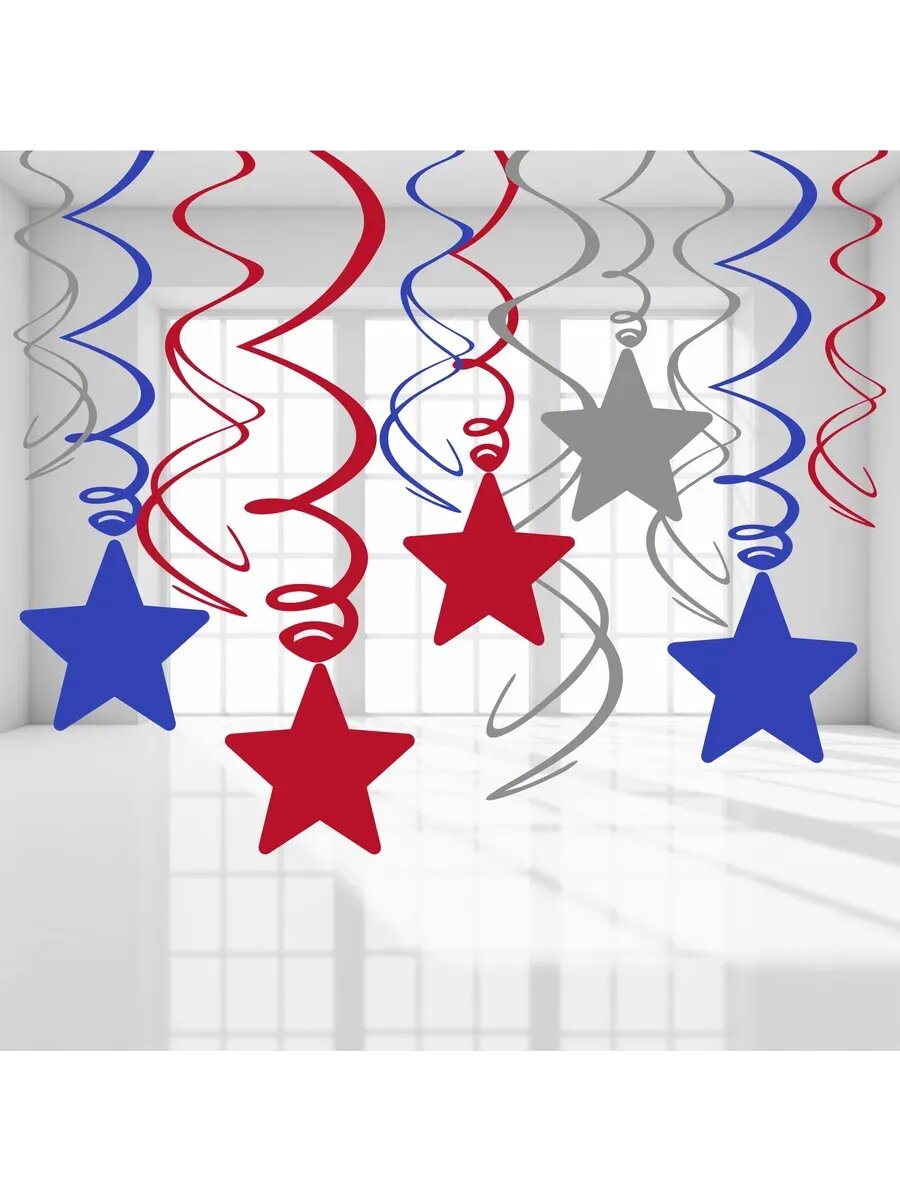 Спираль Декор Звезды, Красный -Синий-Серебро, 12 шт / 6 спиралей со звездами + 6 без звезд