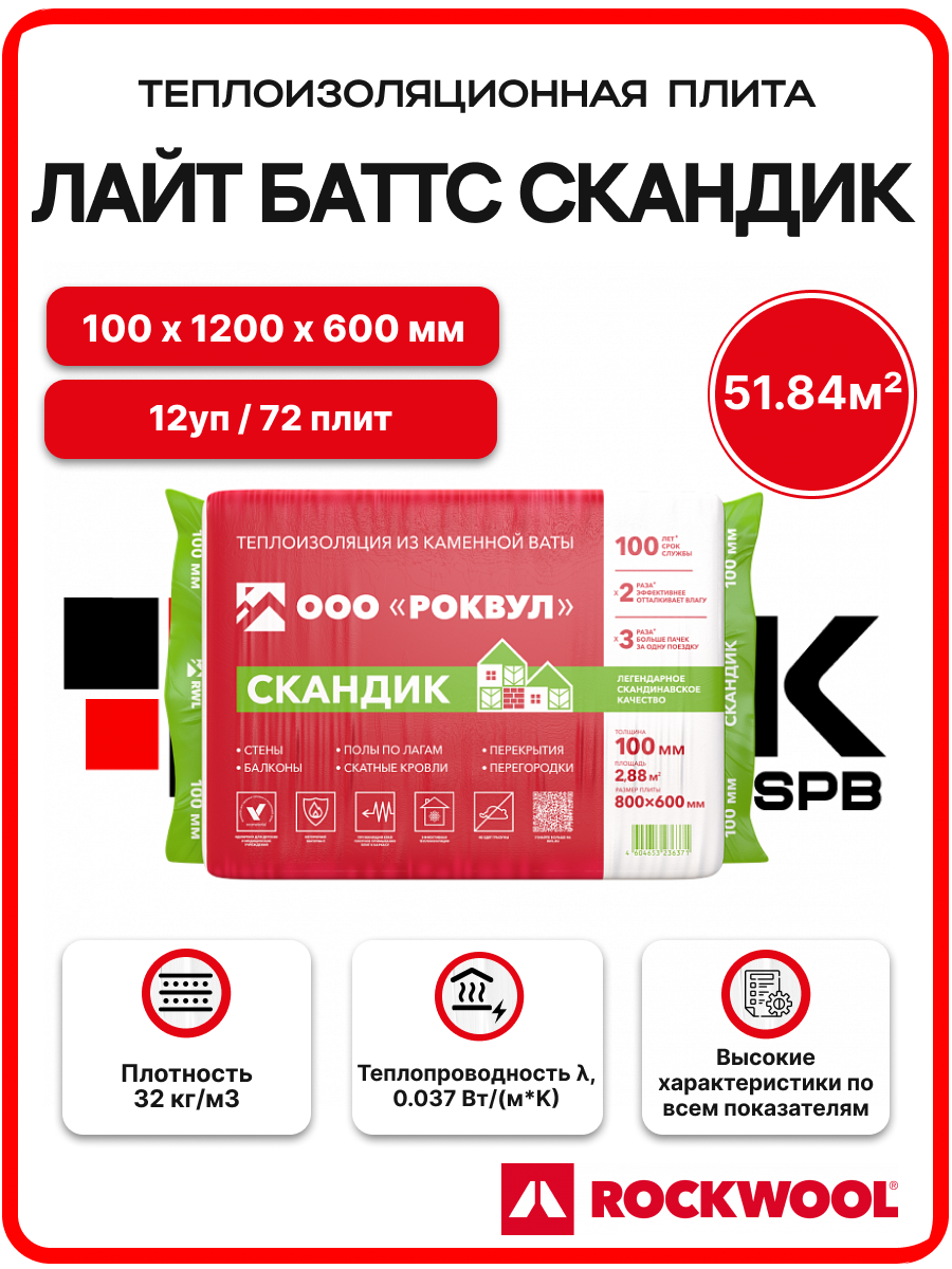 Rockwool Лайт Баттс Скандик 1200х600х100 мм (12 уп. / 51,84 м2 / 72 шт.) утеплитель для стен, пола, кровли