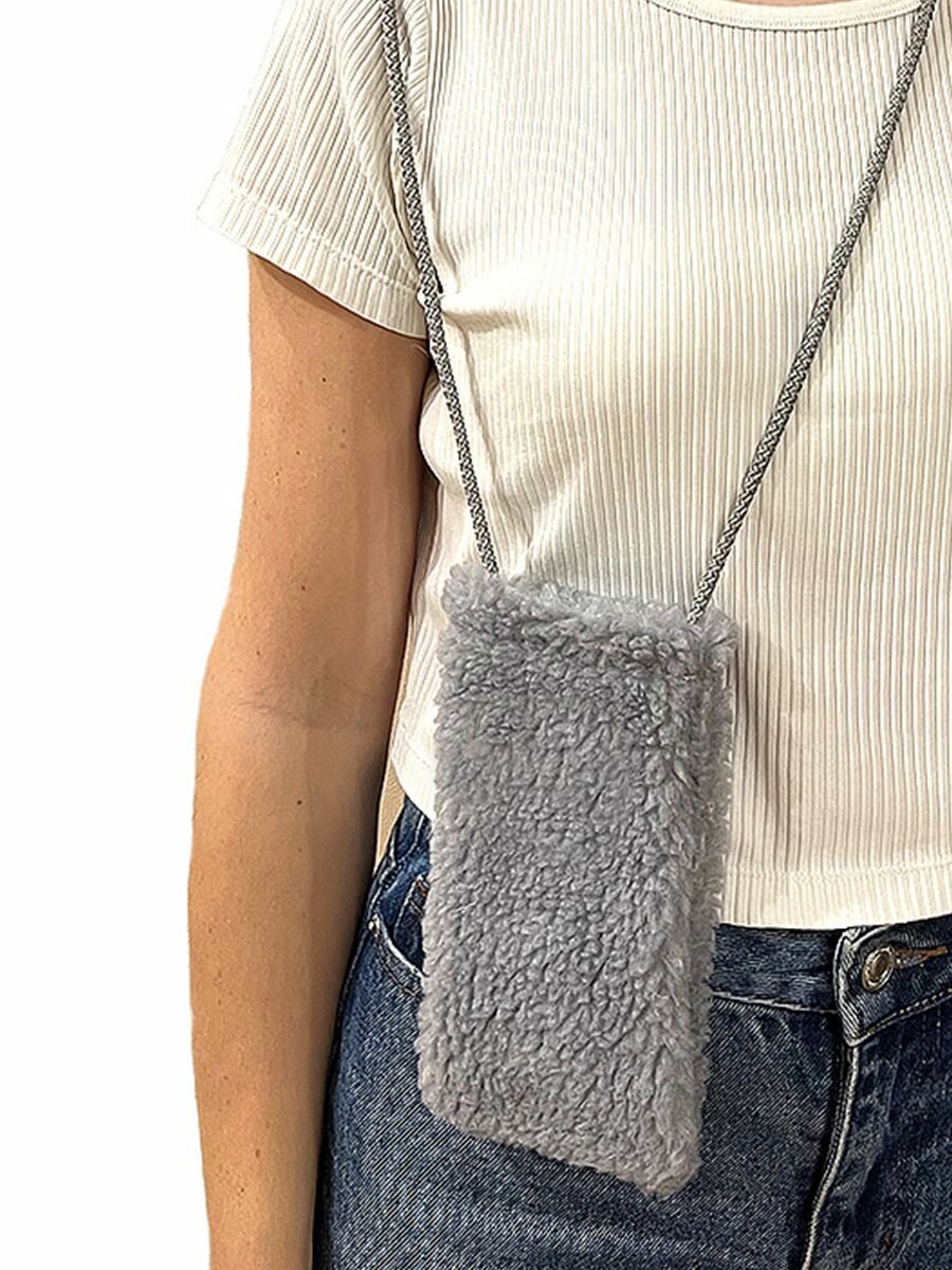 Чехол для телефона меховой, сумка-чехол для смартфона цвет серый без нашивки