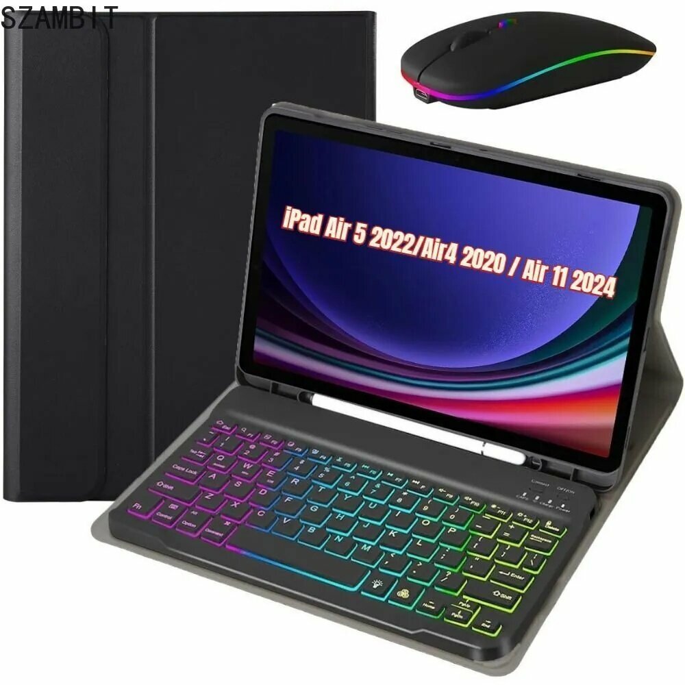 Чехол-клавиатура для iPad Air 11" M3/M2 (2025/24), Air 5/Air 4 10,9" с клавиатурой с RGB-подсветкой, съемный чехол-книжка с держателем для карандаша для iPad Air 11 дюймов/Air 5 4-го поколения