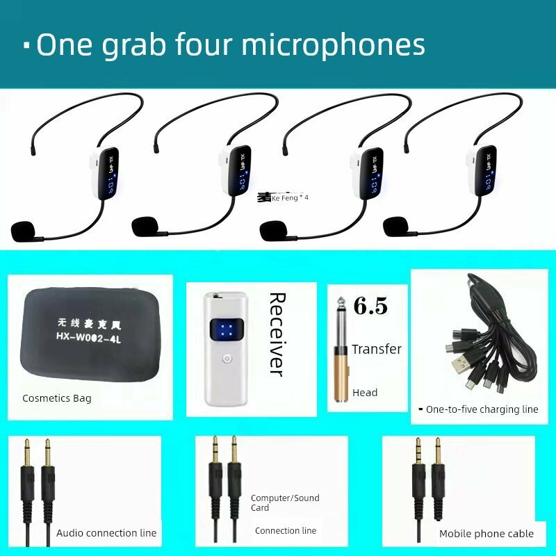 Система беспроводных Bluetooth-наушник-микрофонов с диапазоном 50 м, съемной подставкой, четыре микрофона для сцены и