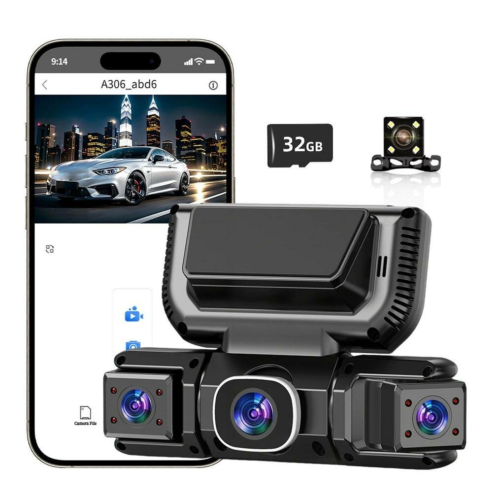 3-канальный видеорегистратор для передней, задней и салонной части автомобиля, автомобильная камера 4-в-1 со встроенным Wi-Fi, разрешением 1080p FHD, ночным видением WDR, G-сенсором, циклической записью и 3-дюймовым экраном.