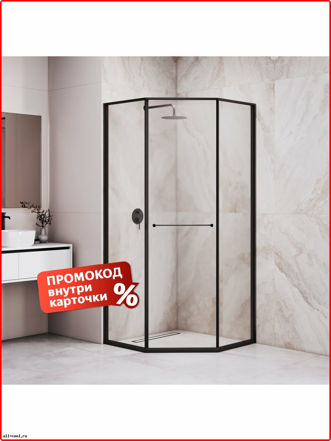 Душевой уголок RGW Ercole 100x100, пятиугольная, прозрачное, черный, раздвижные, без поддона в комплекте, левосторонний
