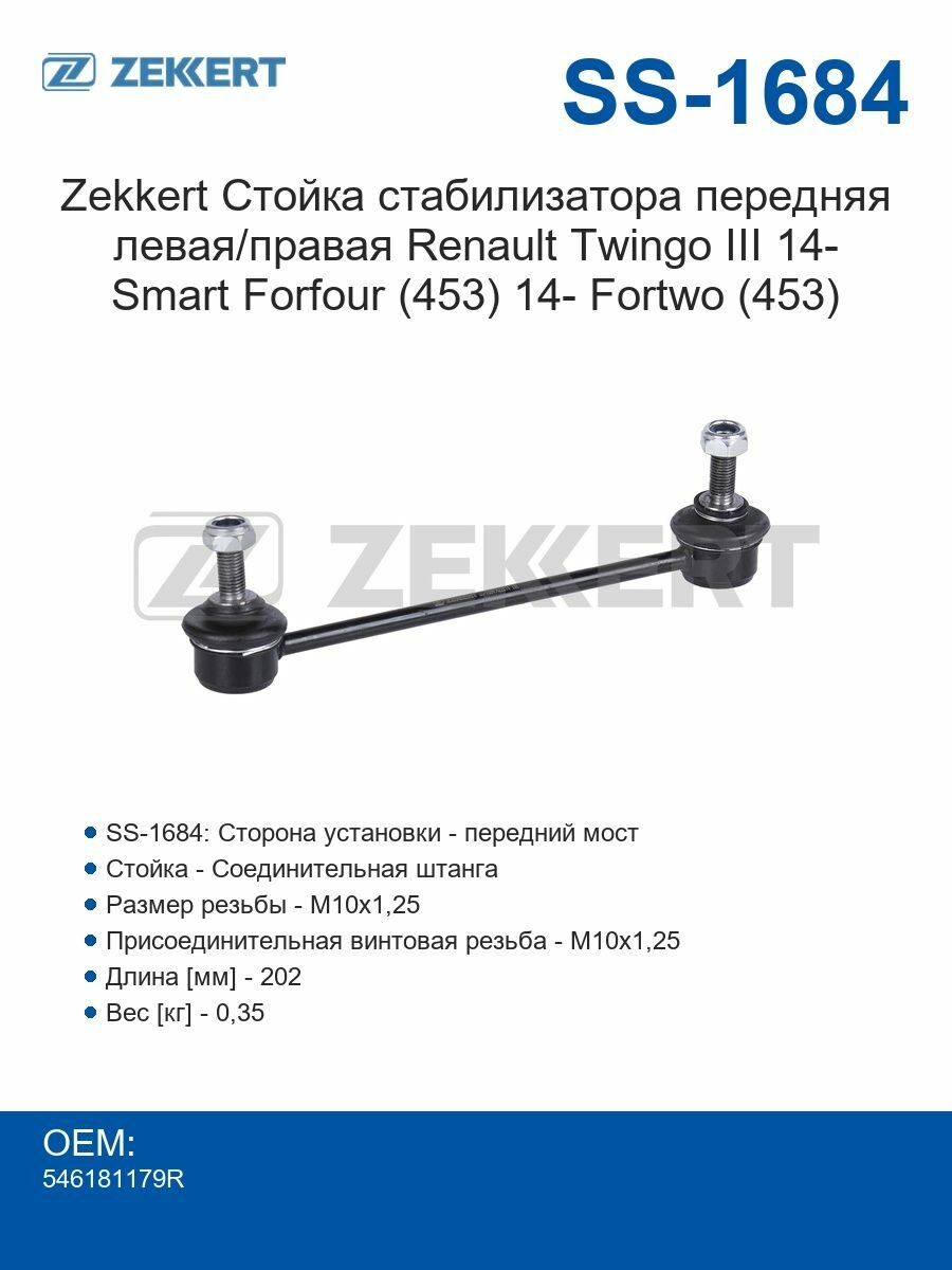 Zekkert Стойка стабилизатора передняя левая/правая Renault Twingo III 14- Smart Forfour (453) 14- Fortwo (453)