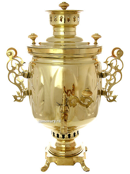 Самовар на дровах 5 литров желтый "цилиндр" "Листья" с ажурными ручками, завод Штамп