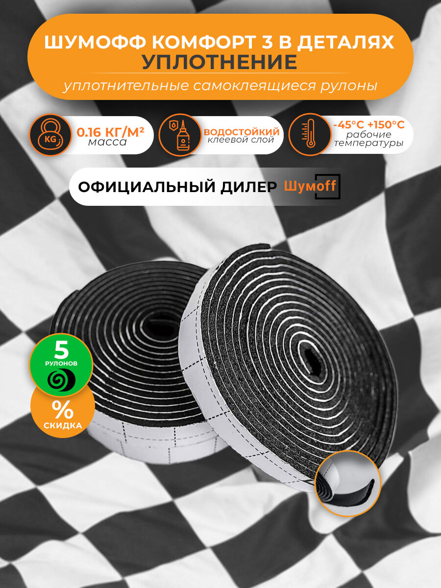 Шумоизоляция/Уплотнение/Теплоизоляция Шумофф Комфорт 3 в деталях 5 рулонов