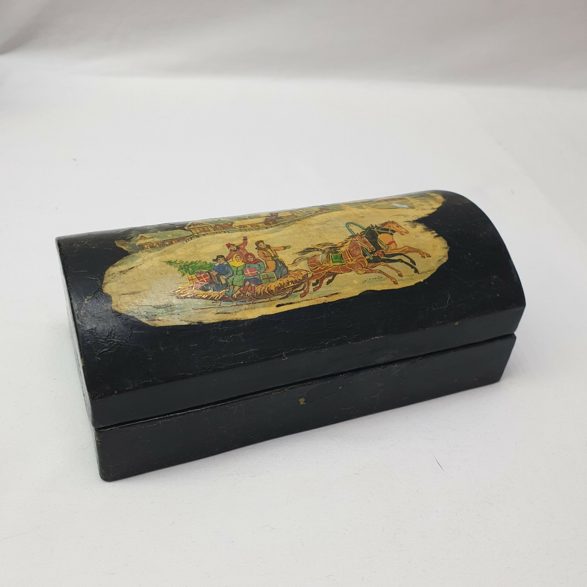 Винтажная шкатулка 17х7, Русская тройка, дерево, роспись, следы времени. СССР
