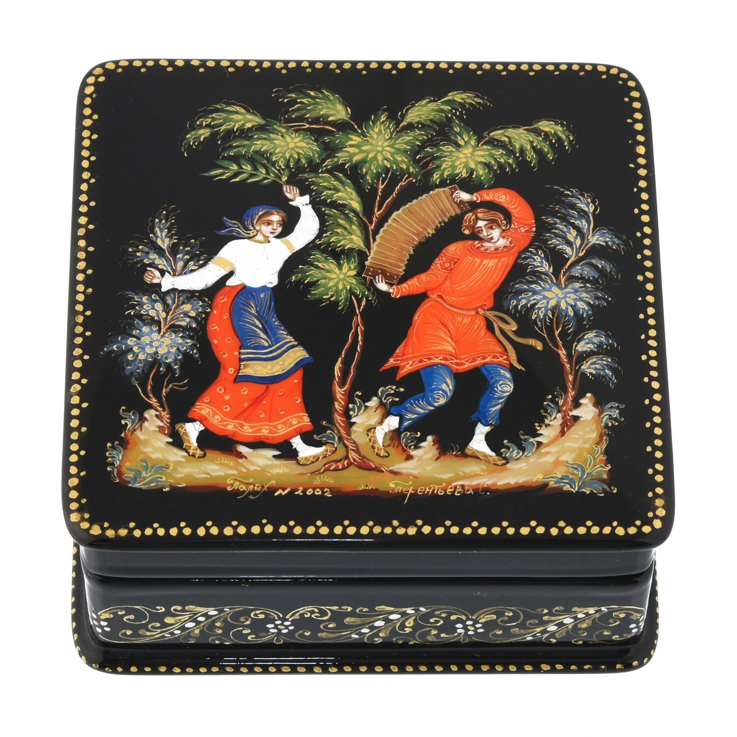 0076872 Лаковая миниатюра Шкатулка "Гармонист"08*08 см Терентьева, п2002