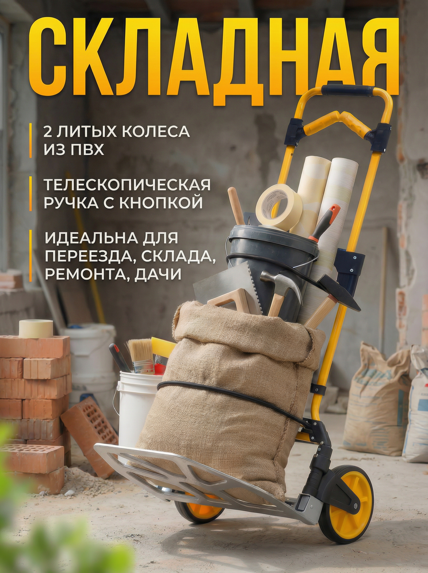 Тележка Сверхпрочная Нагрузка 150 кг. Желтая