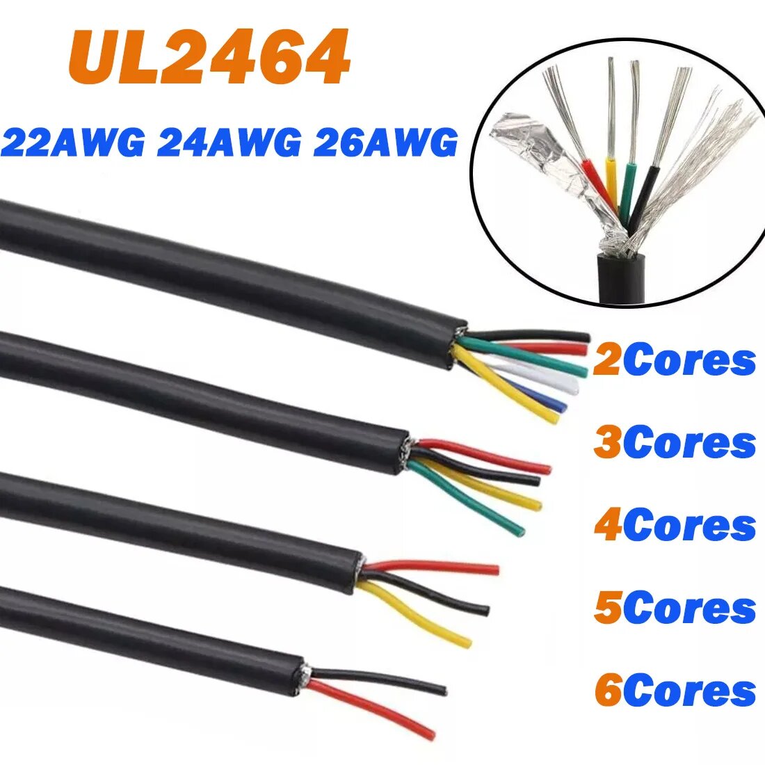 26AWG черный многожильный экранированный провод 1м