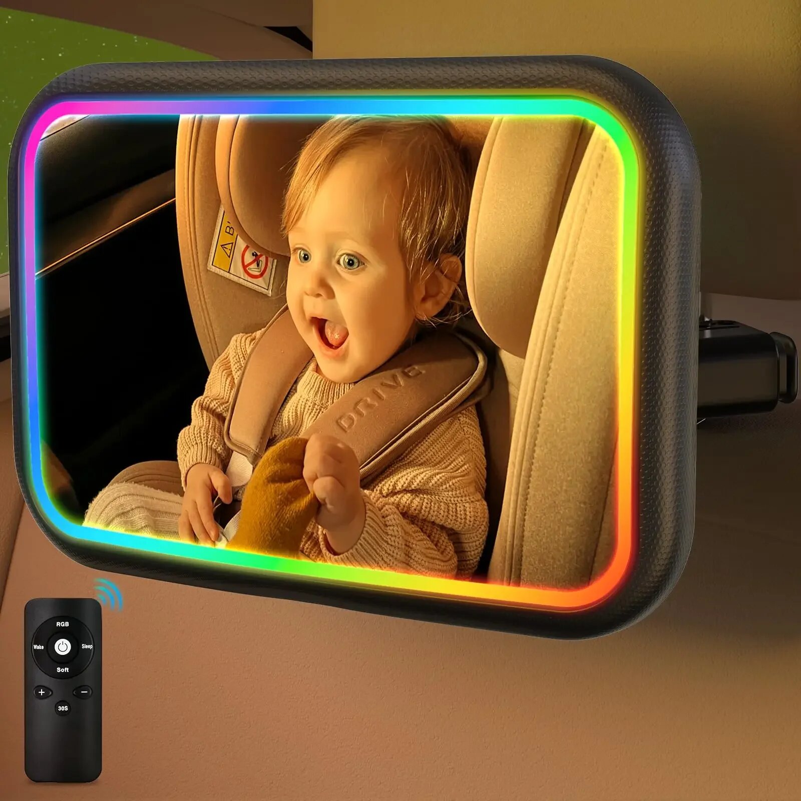 Детское автомобильное зеркало с подсветкой, 7 RGB-подсветки, зеркало заднего детского автокресла с дистанционным управлением 360 ° Дизайн зажима с вращающимся крючком