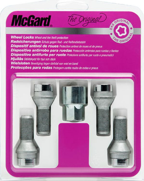 Болты-секретки McGard 27170SU M12x1.25, длина стержня резьбовой части L22mm, общаяя длина 46mm, конус, ключ S19mm, 4 болта 1 ключ, без вращающегося кольца, хром