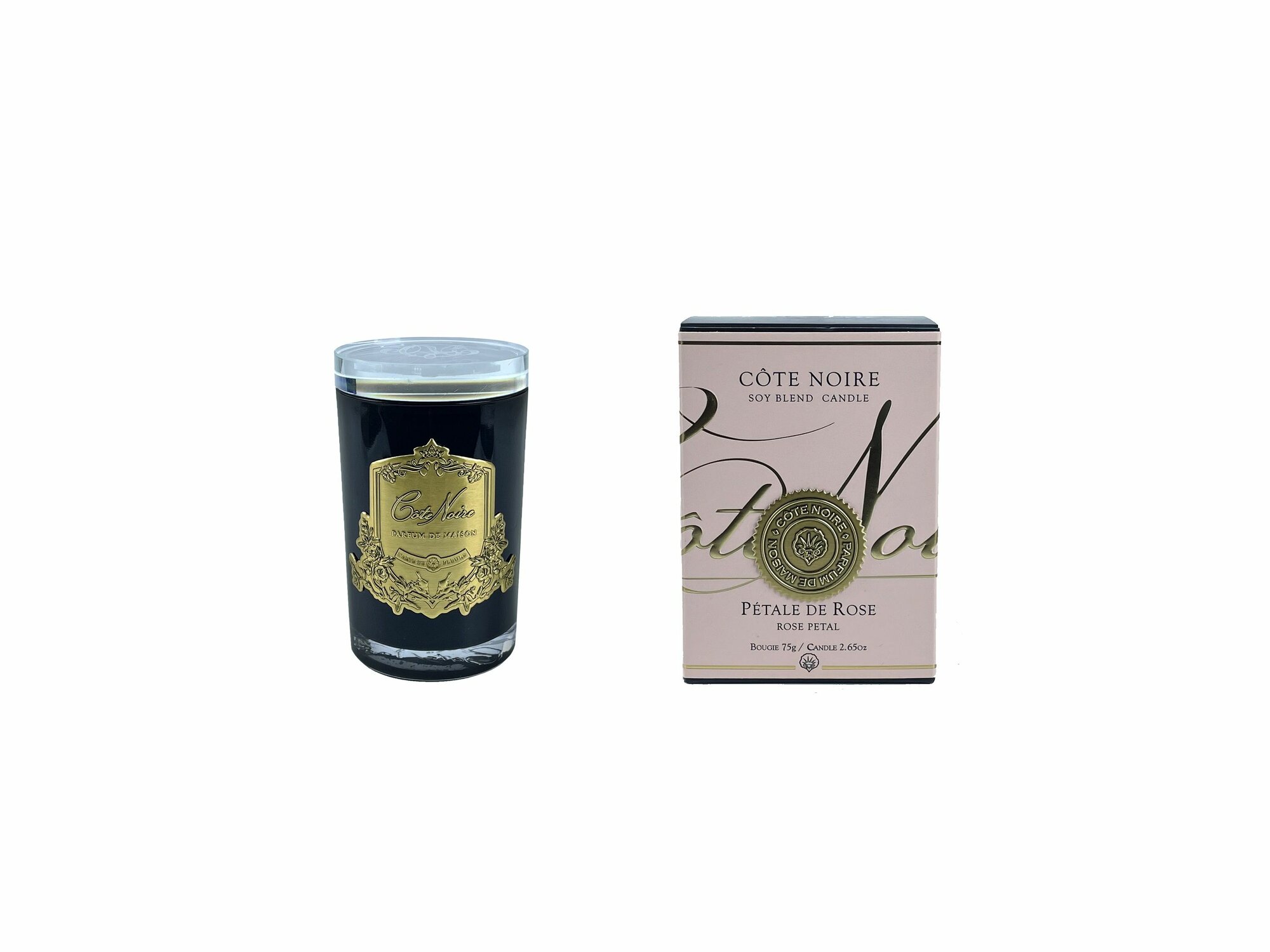 Свеча COTE NOIRE PETAL DE ROSE 75 гр, черный стаканчик, золотой декор, ВхШхД 11х7,5х7,5см соевый воск, время горения 25ч