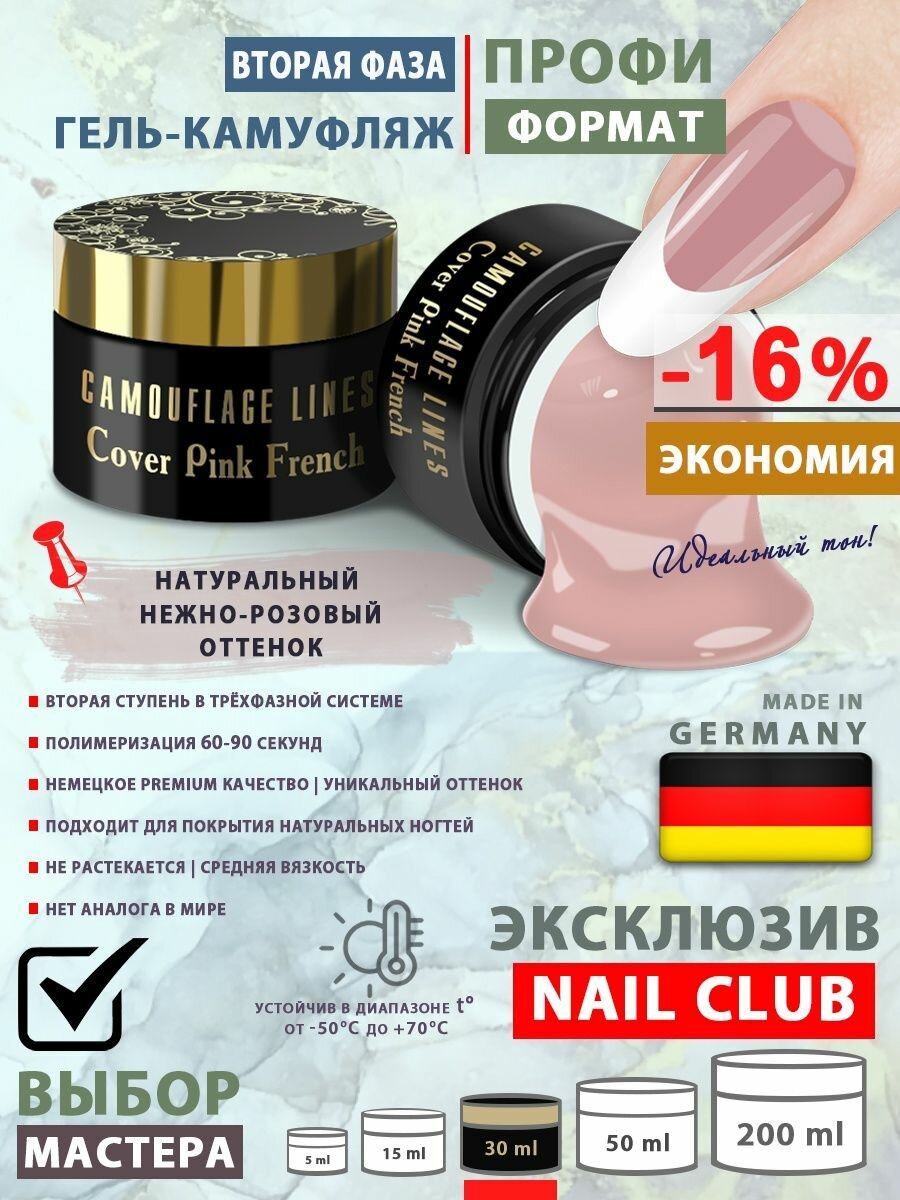 Камуфлирующий гель для ногтей CAMOUFLAGE LINES Cover Pink French, 30 мл