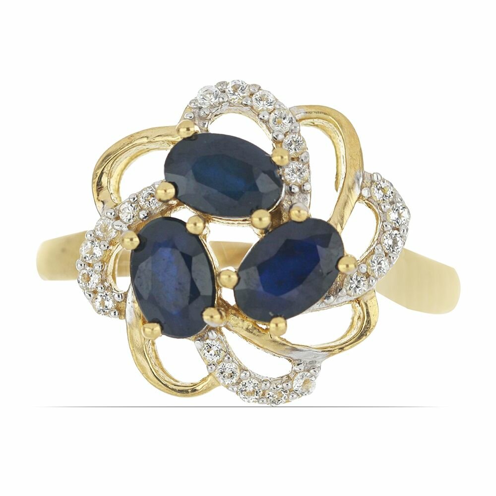 Кольцо тонкое, серебро, 925 проба, золочение, топаз, сапфир