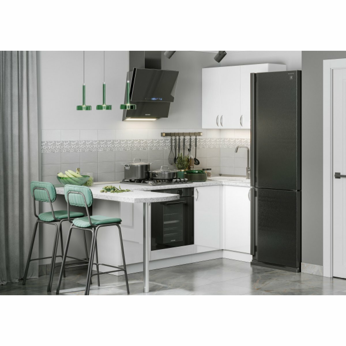 Модульная угловая кухня "Виола Нео" 2,6*1,0м с барной стойкой - Белый глянец, столешница Сахара 26 мм, фрезеровка "Мыло"