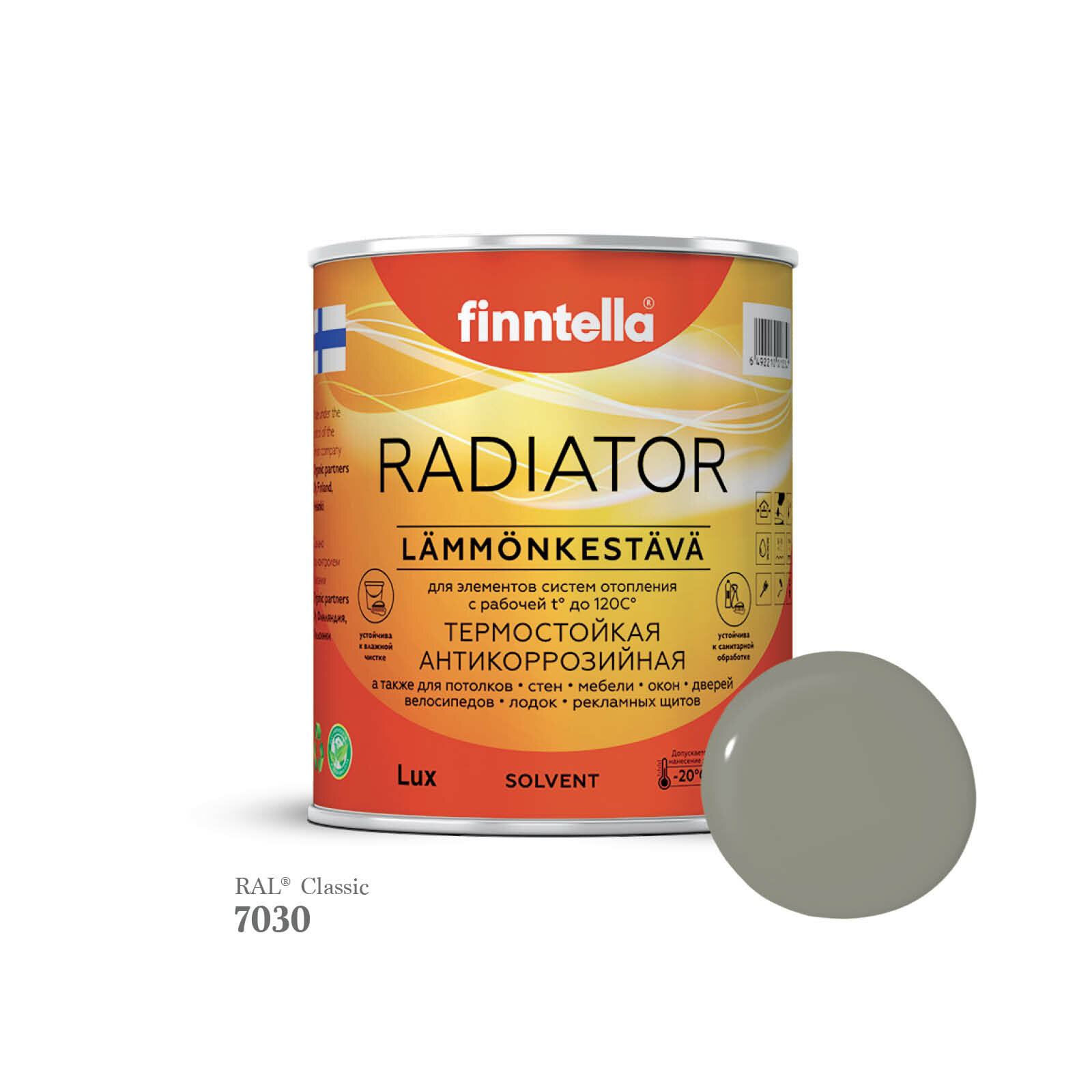 Краска для радиаторов быстросохнущая финская эмаль FINNTELLA RADIATOR, цвет RAL7030 , 0,9л