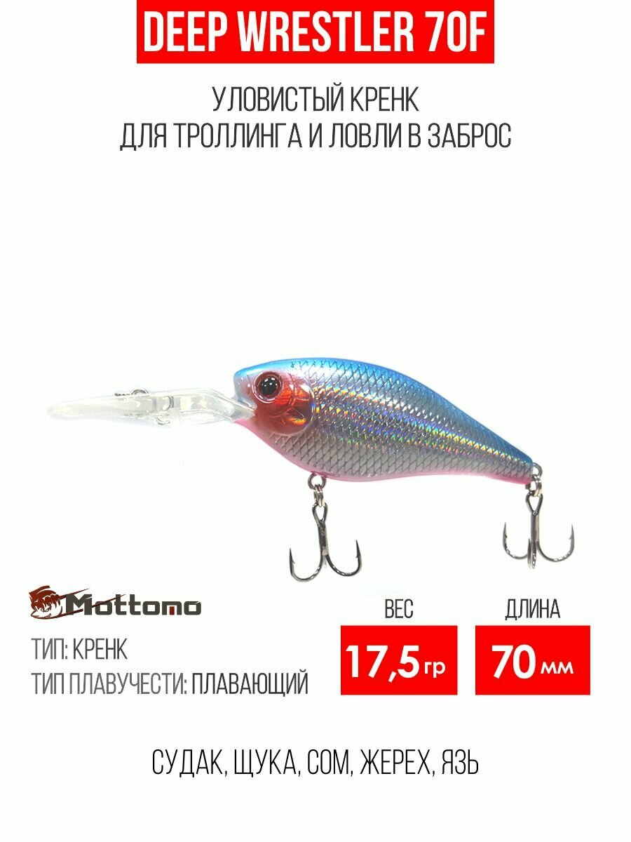 Воблер для рыбалки Mottomo Deep Wrestler 70F 17,5g, кренк плавающий для спиннинга, троллинга на щуку, окуня Red Blue