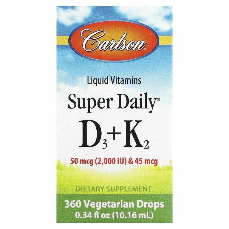 Carlson, Super Daily, витамины D3 + K2, 2000 МЕ, 10,16 мл