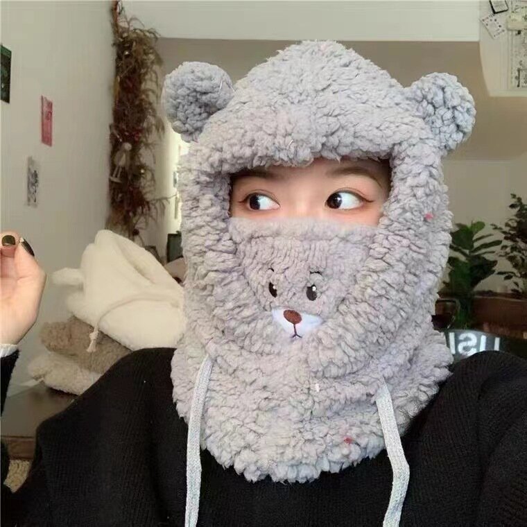 Зимняя милая шапка-шарф с медведем, теплая универсальная шапка, студенческая шерстяная шапка в корейском стиле, женская шапка-маска, плюшевая шапка