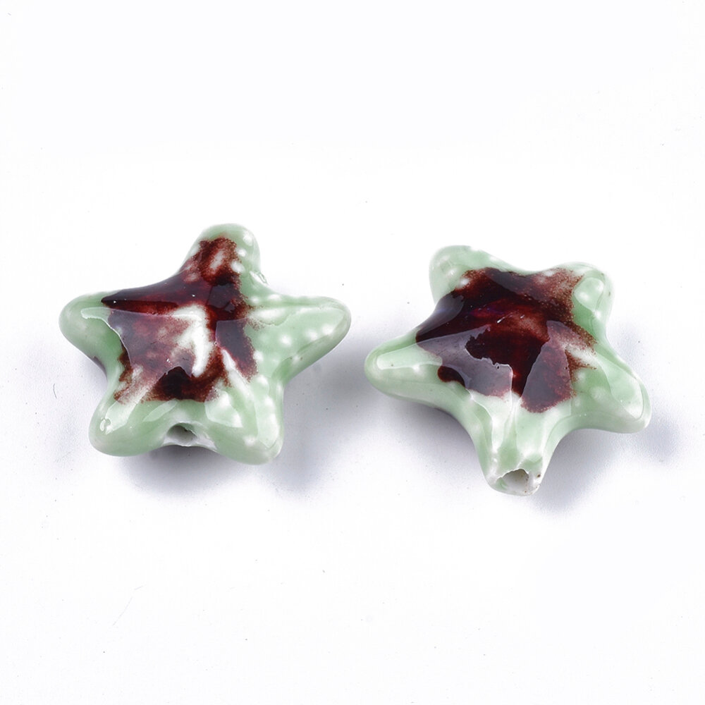 Бусина керамическая, 38х36х15мм, морская звезда, светло-зелёная с сине-голубым и бордовым, 1 шт.