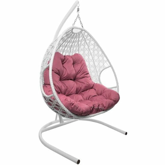 Подвесное кресло M-group для двоих люкс с ротангом белое, розовая подушка