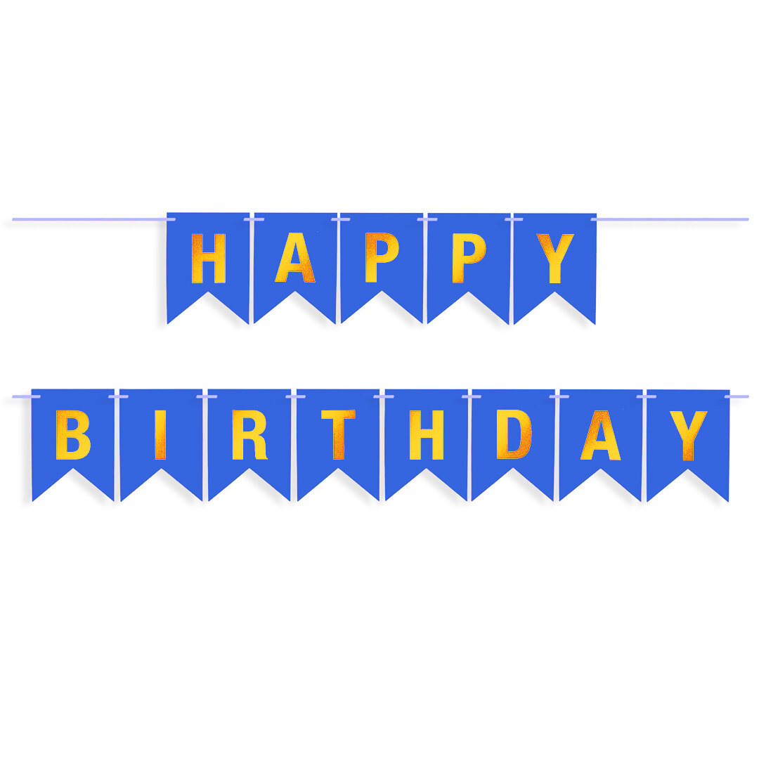 Гирлянда Флажки, Happy Birthday, Синий/Золото, Металлик, 500