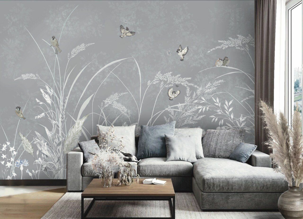 Обои бесшовные Летний сад воробьи серые (ширина 2550мм х длина 3000мм)