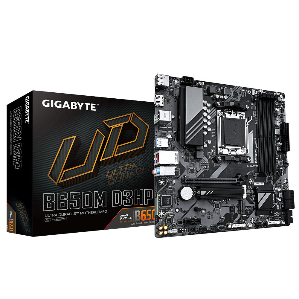 Материнская плата Gigabyte B650M D3HP, уц-2 Socket AM5, AMD B650, 4xDDR5-5200, HDMI+DP+DP, 1xPCI-Ex16, 1xPCI-Ex1, 4xSATA3(RAID 0/1/10), 2xM.2, 8 Ch Audio, 2.5GLan, (2+4)xUSB2.0, (3+2)xUSB3.2, (1+1)xUSB3.2 Type-C™, 1xPS/2, mATX, RTL